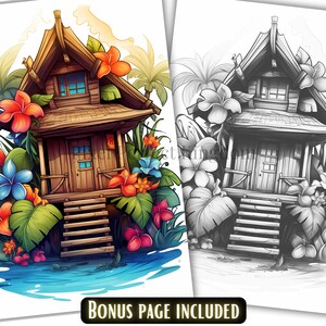 30 Tiki Tropical Houses Coloring Book, Adults Kids Instant Download ...