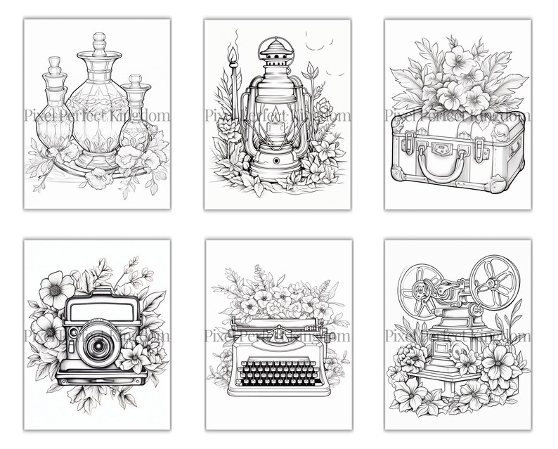 40 Nostalgic Vintage Blooming Objects Coloring Pages, Antique Floral ...