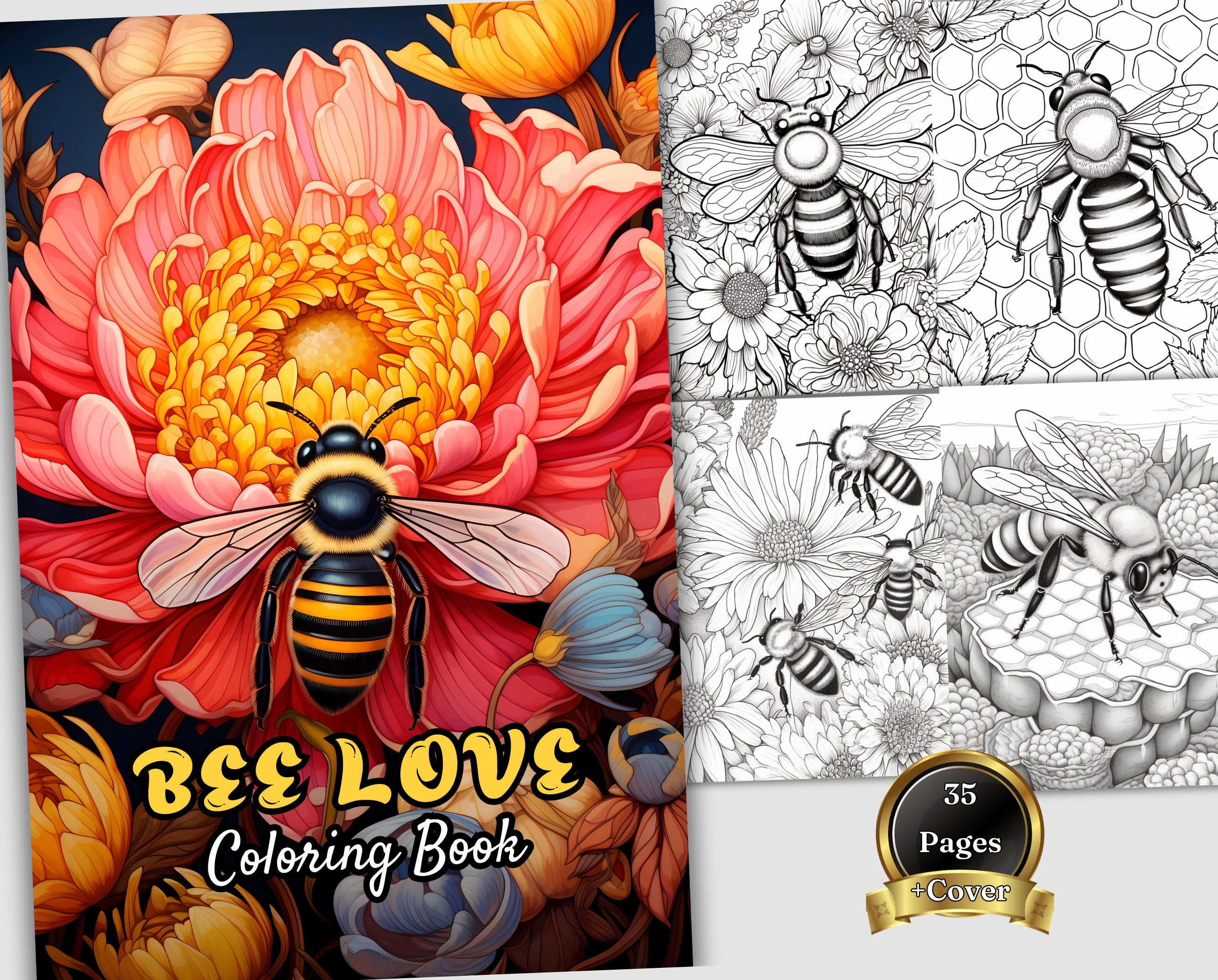 35 Honey Bee Love Coloring Book, Adults Kids Instant Download grayscale ...