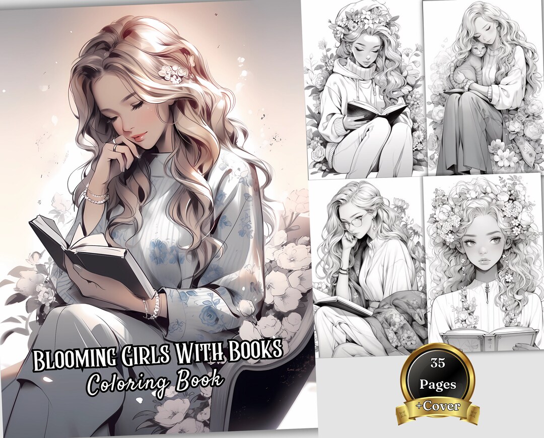 35 Blooming Girls With Books Digital Coloring Book Fashion Girls ...
