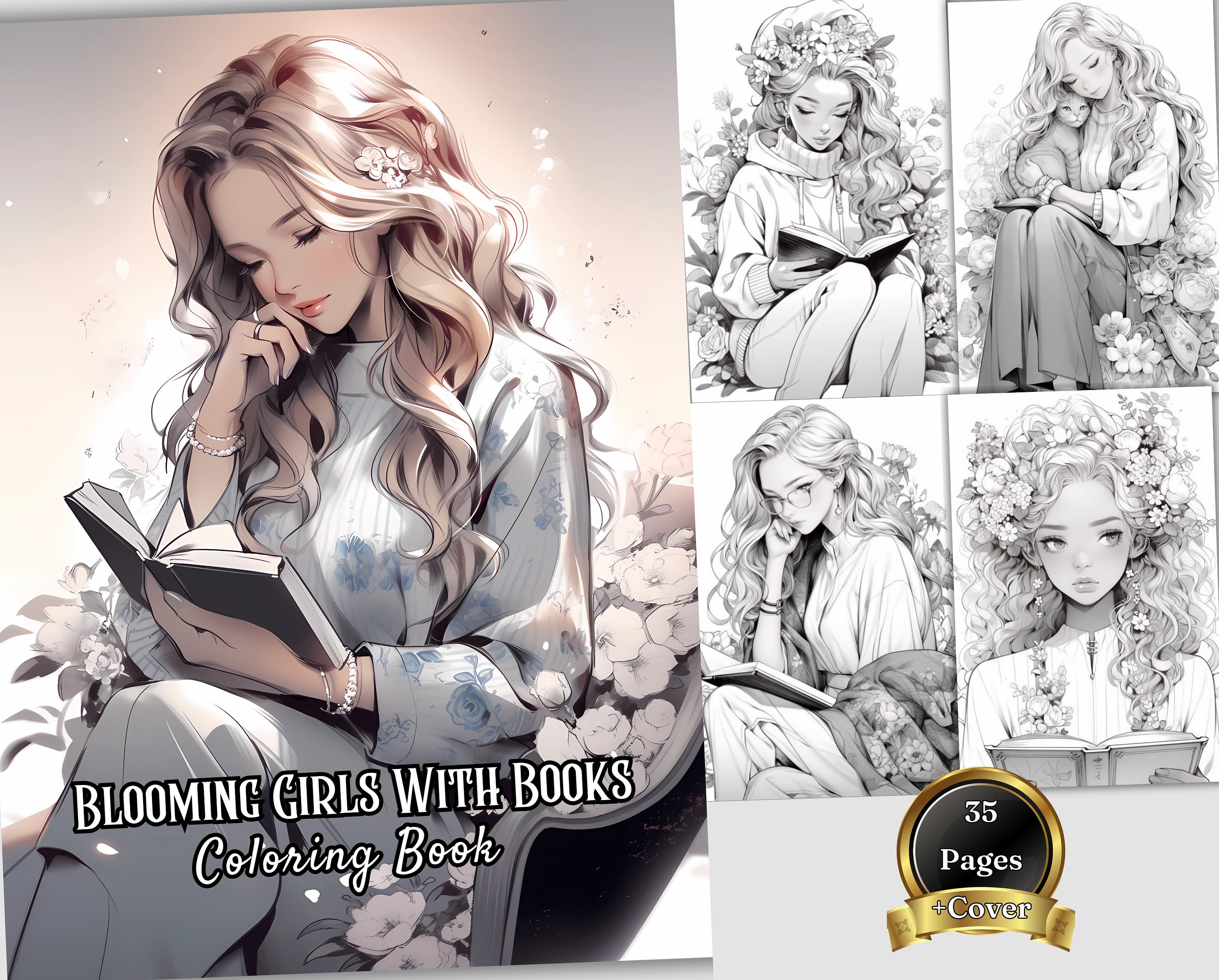 35 Blooming Girls With Books Digital Coloring Book Fashion - Etsy