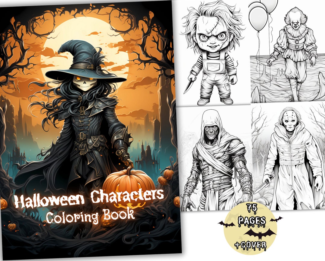 75 Halloween Characters Coloring Book, Printable Gothic Creepy Pumpkin ...