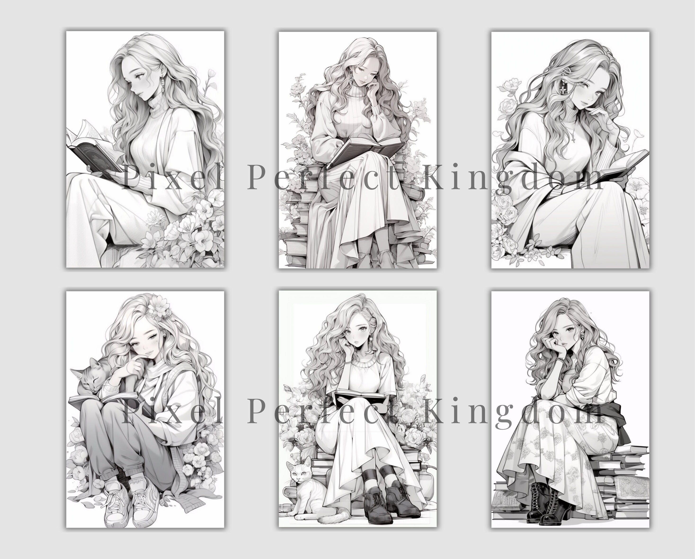 35 Blooming Girls With Books Digital Coloring Book Fashion - Etsy