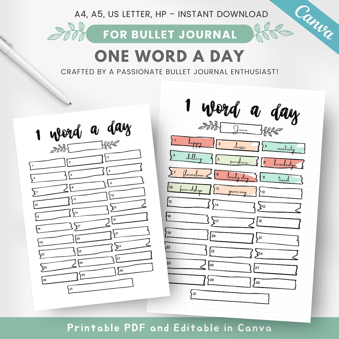 One Word a Day Bullet Journal Page, Daily Gratitude Planner Insert, One ...