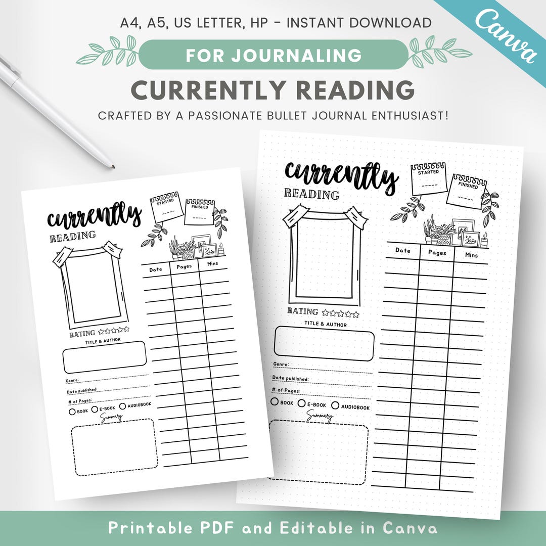 Currently Reading Journal Page, Reading Progress Tracker, Reading Log ...