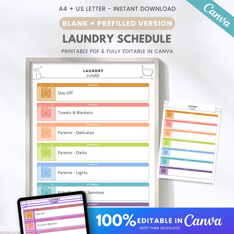 Editable Laundry Schedule, Weekly Laundry Routine, Washing Day Planner ...