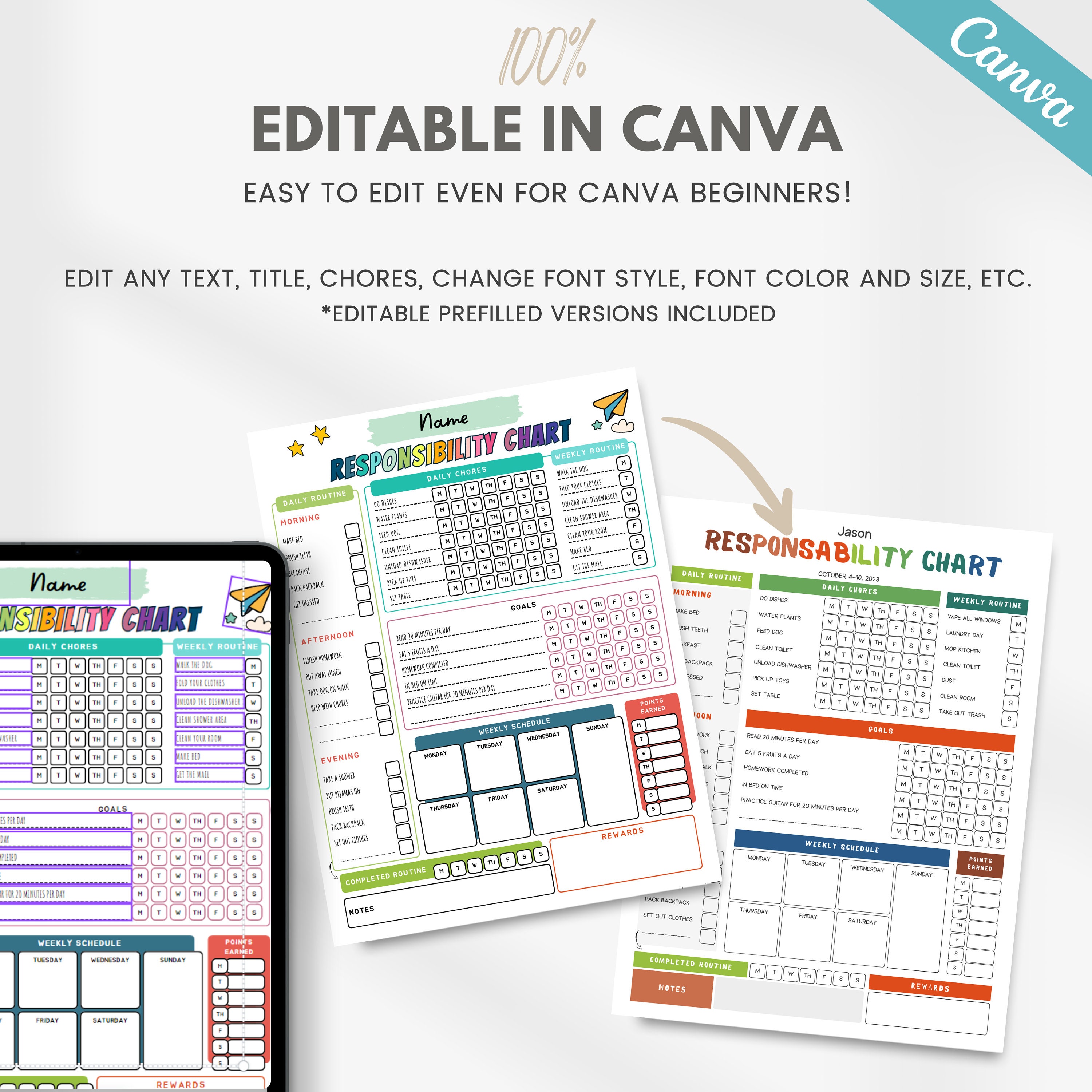 Editable ADHD Chore Chart for Kids, Printable Responsibility Chart ...