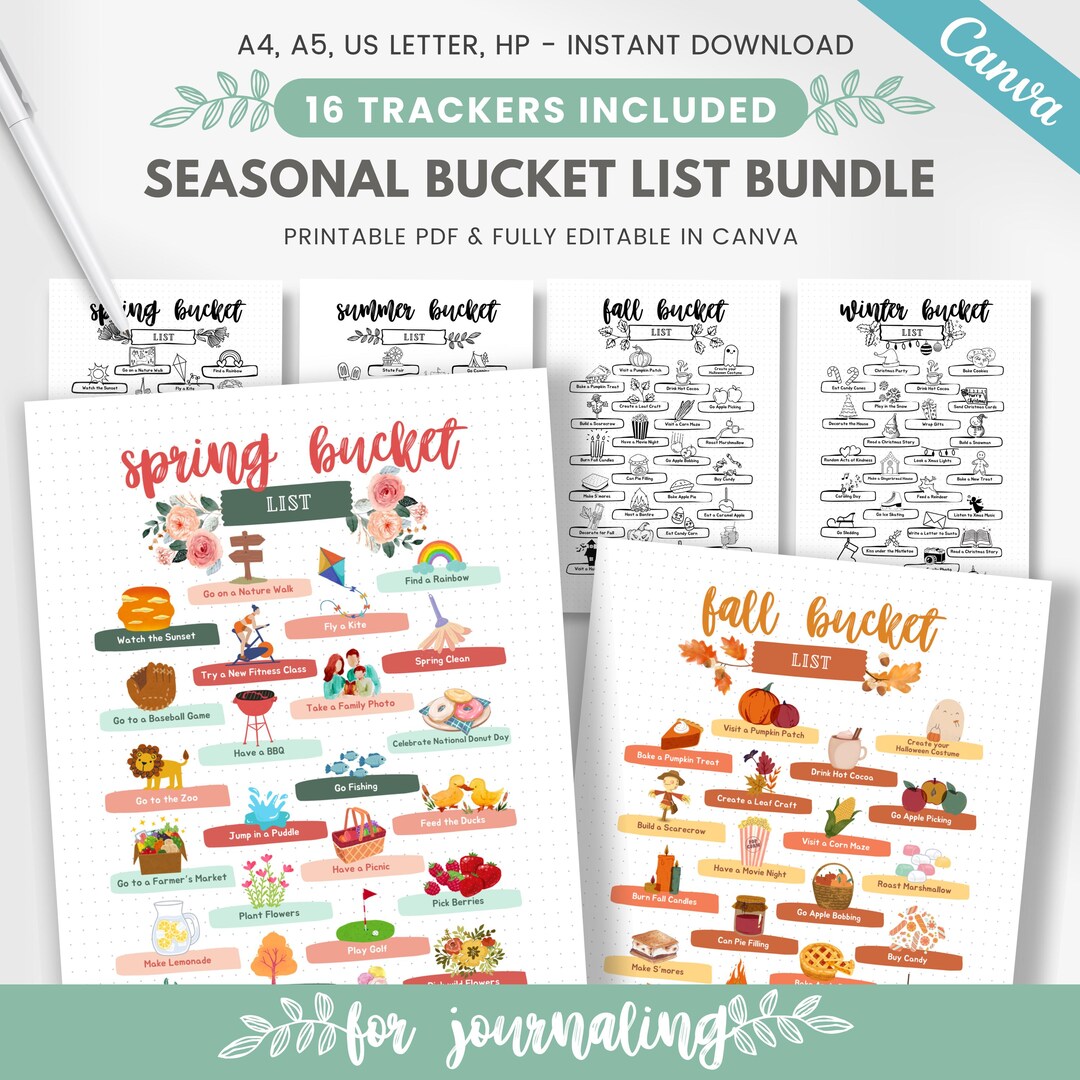 Seasonal Bucket List Bundle Printable, Fall Bucket List, Summer Bucket ...