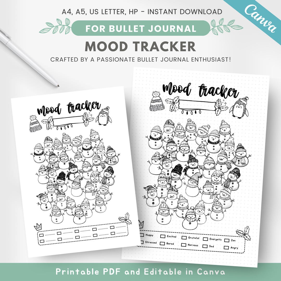 Snowmen Mood Tracker, Christmas Mood Journal, Winter Journal Page ...