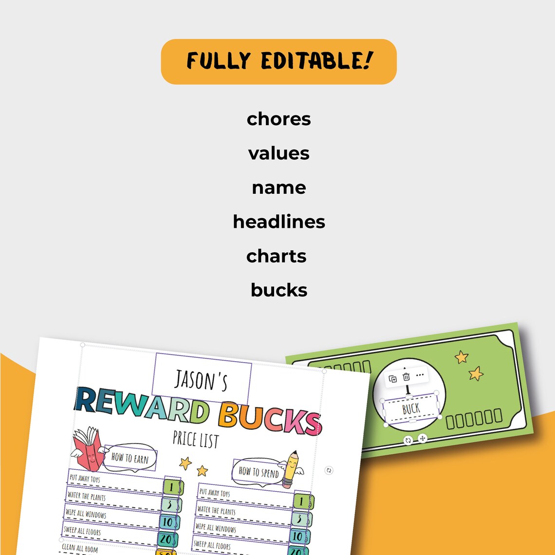 Editable Kids Reward Bucks Mom Bucks Kids Chore Chart - Etsy