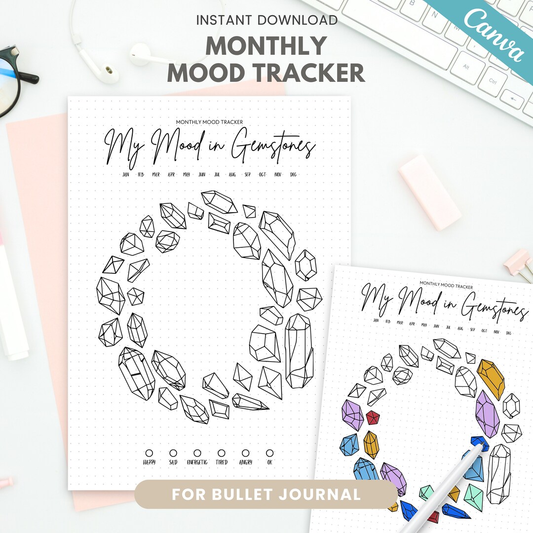 Gemstone Mood Tracker, Printable Journal Page, Editable Monthly Mood ...
