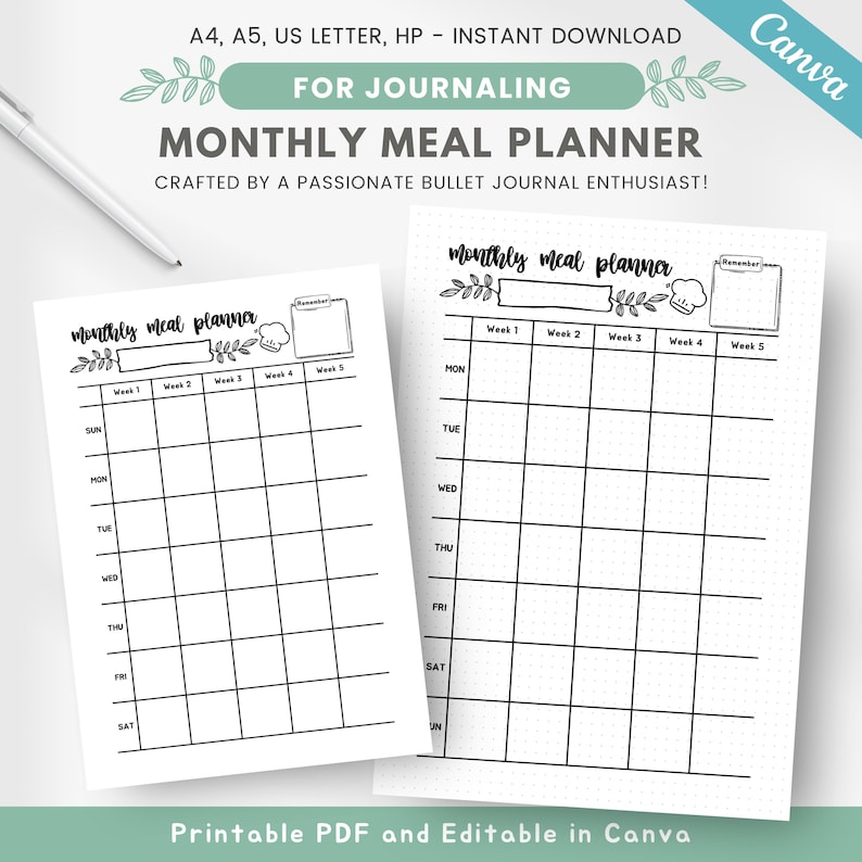 Monthly Meal Planner, PRINTABLE & EDITABLE Meal Journal Page, Monthly ...