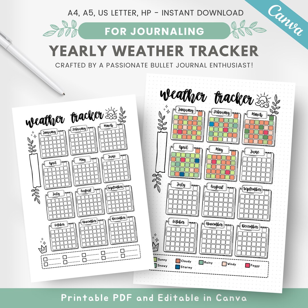 Yearly Weather Tracker, Annual Weather Log, Weather Log Journal Page ...