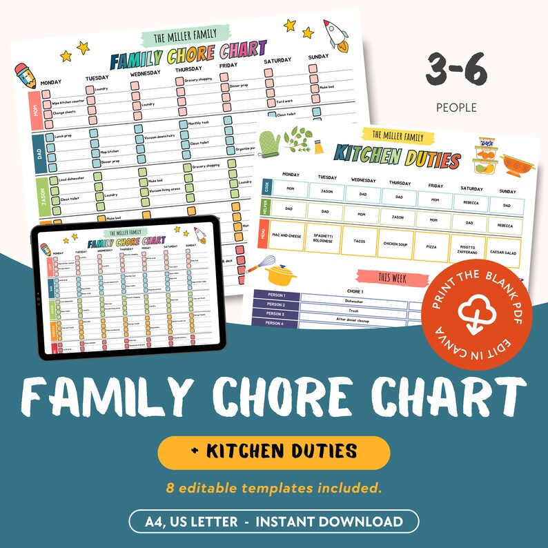 Editable Family Chore Chart Weekly Daily Tasks and Activities - Etsy