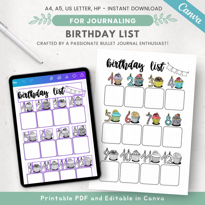Printable Birthday Tracker, Premade Birthday Calendar Page for Bullet ...