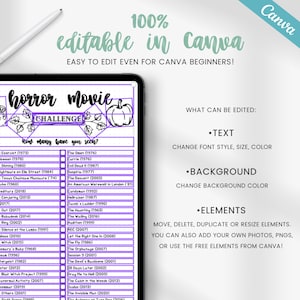 Editable Horror Movie Challenge, Scary Movie Checklist, Halloween Movie ...