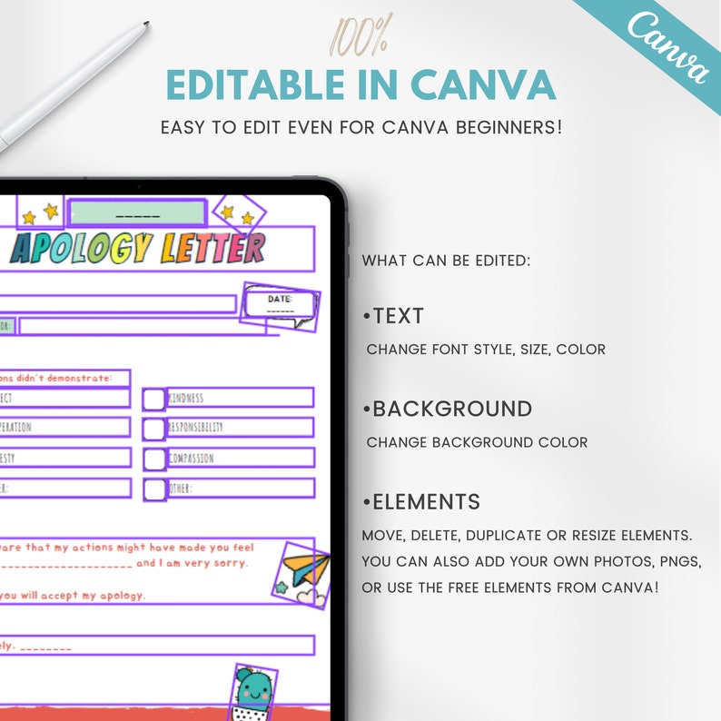 Editable Kids Apology Letter, I'm Sorry Letter, Apology for Bad ...