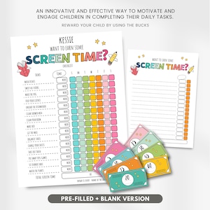 Editable Screen Time Chart With Reward Bucks, Kids Chore Chart, Pretend ...