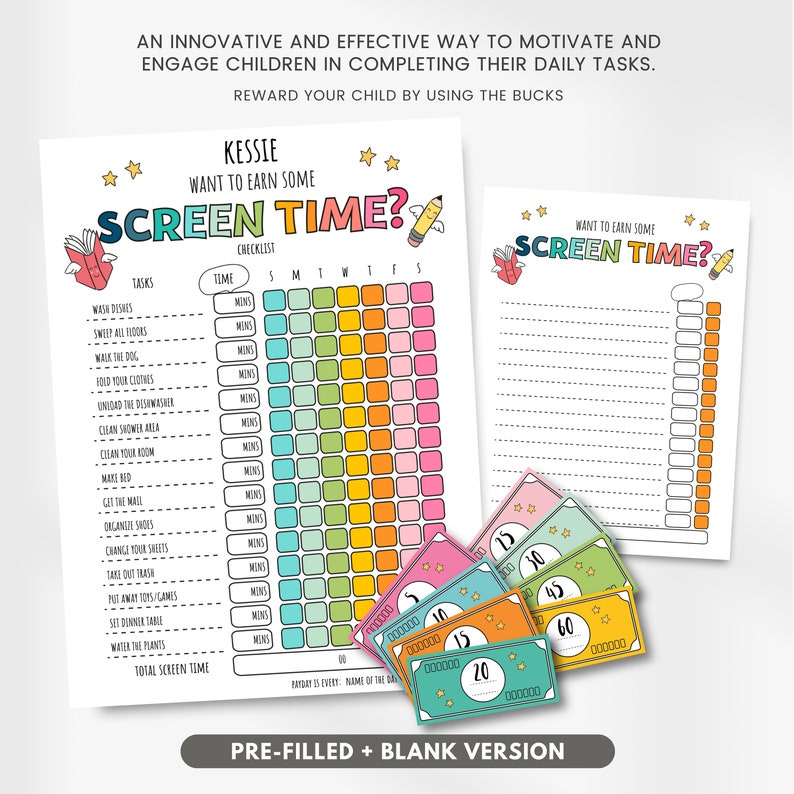 Editable Screen Time Chart With Reward Bucks, Kids Chore Chart, Pretend ...
