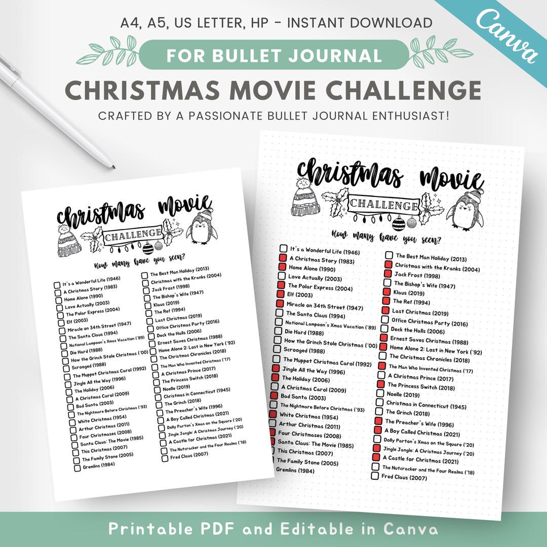 Editable Christmas Movie Challenge, Xmas Movie Checklist, Christmas ...