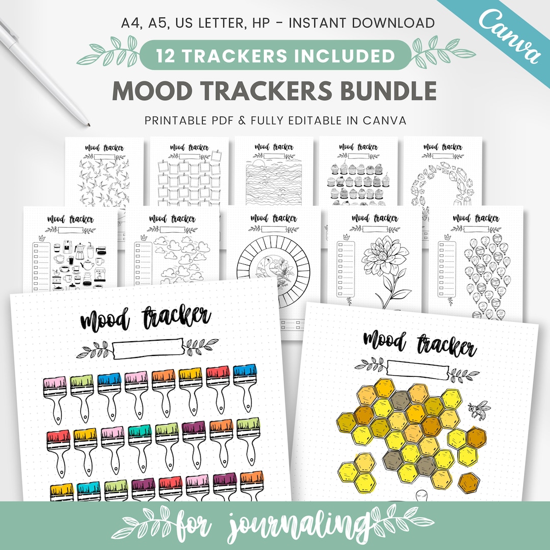 Printable Monthly Mood Tracker Bundle for Mental Wellness, Editable Mood Chart, Premade Mood ...