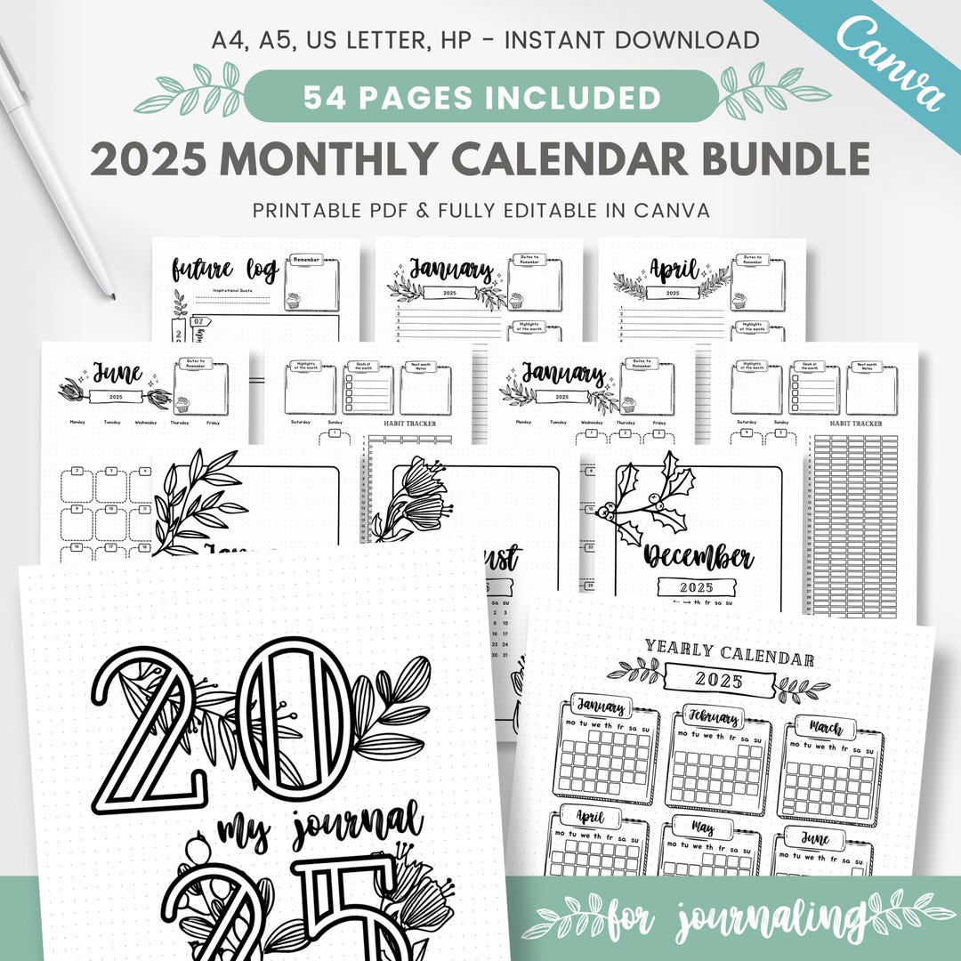 2025 Calendar Bundle for Bullet Journal, 2025 Monthly Planner Spread ...