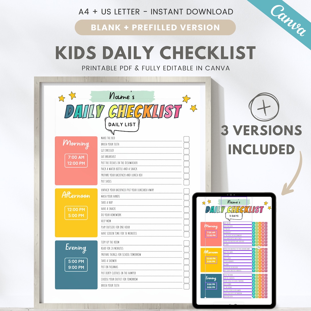 Editable Kids Daily Routine, Printable Daily Checklist for Children ...