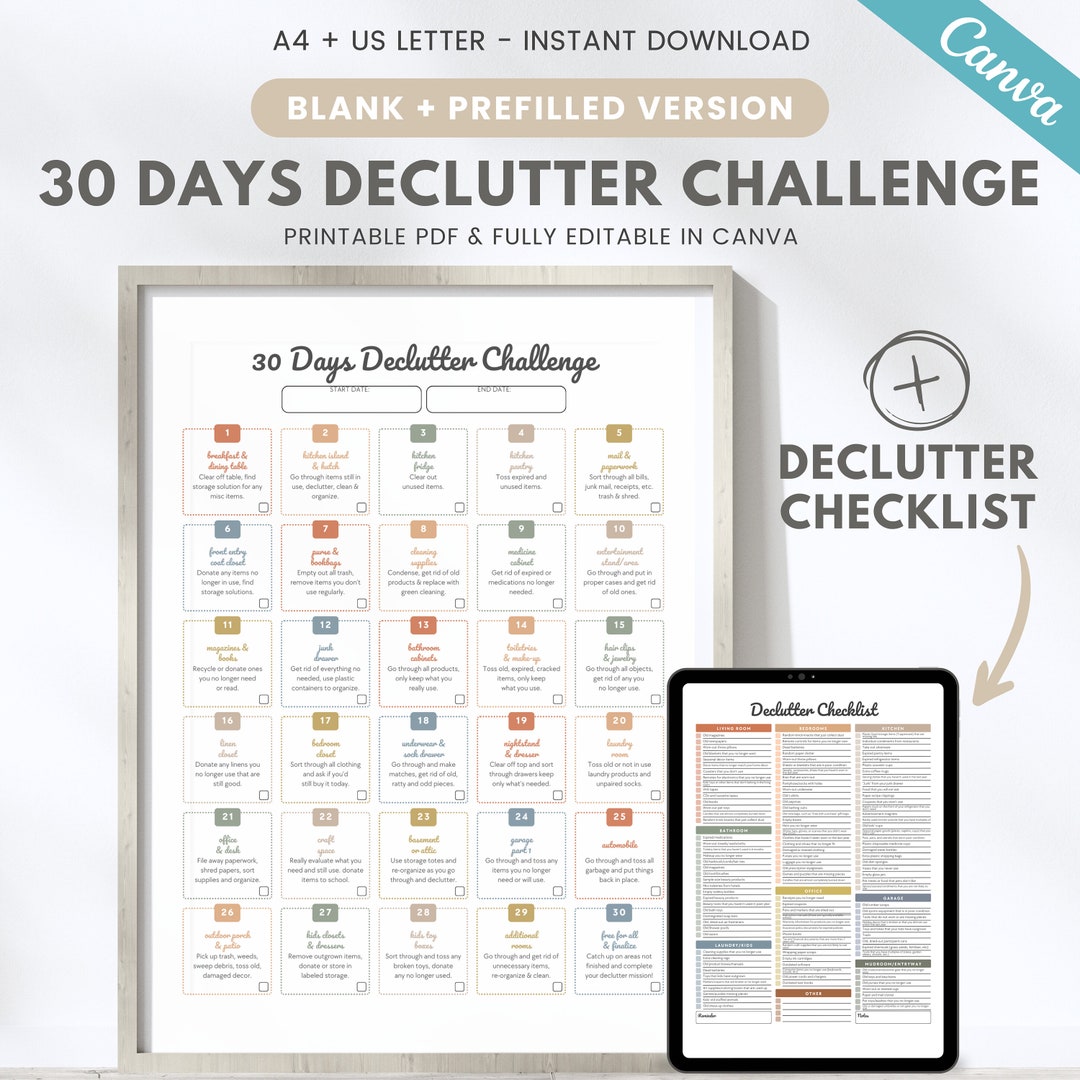 Printable 30 Days Declutter Challenge, Editable Declutter Checklist ...