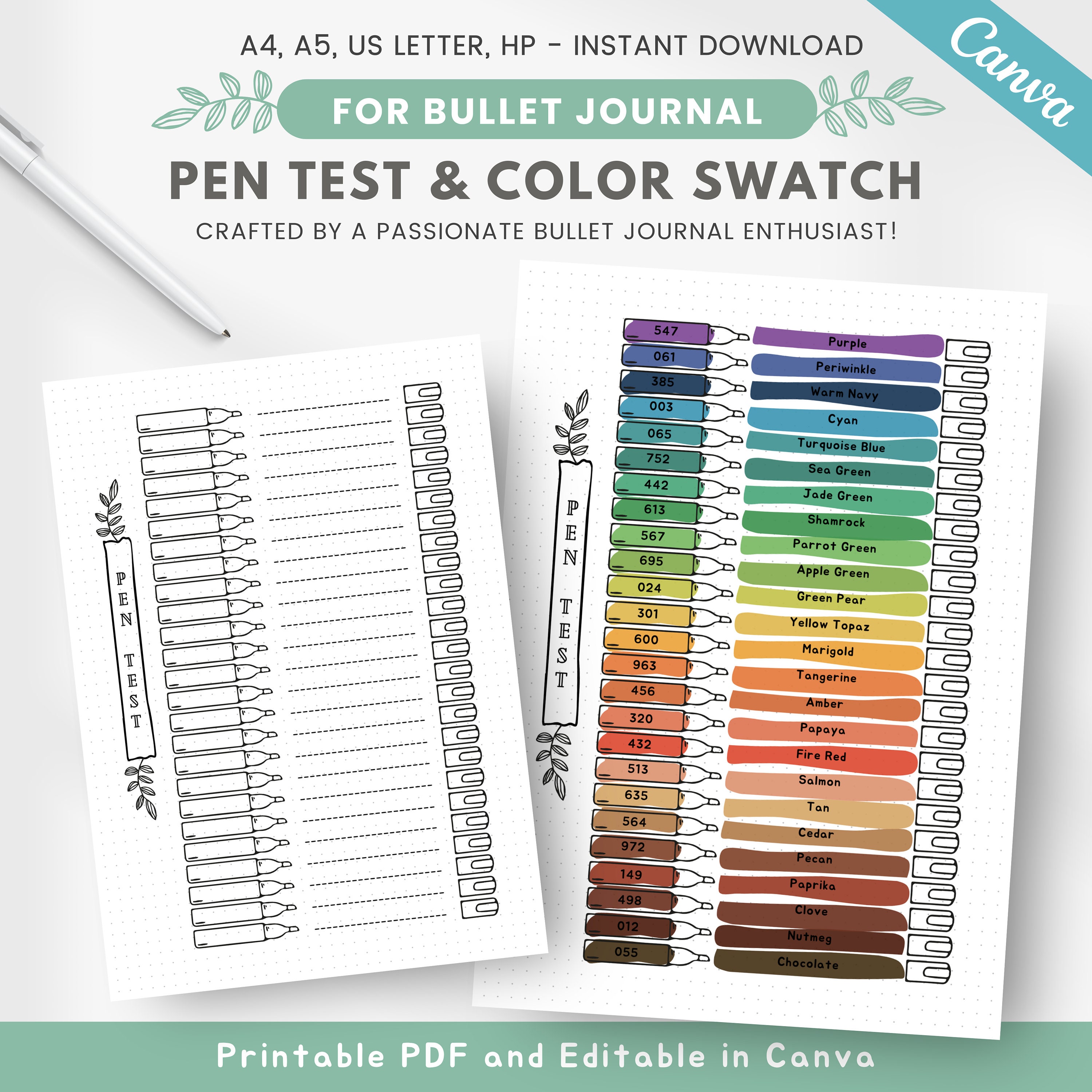Printable Pen Test Page, Pen Tracker, Premade Bullet Journal Page ...