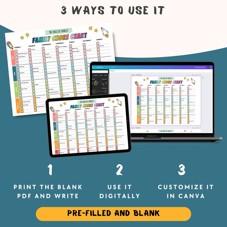 Editable Family Chore Chart Weekly Daily Tasks and Activities - Etsy