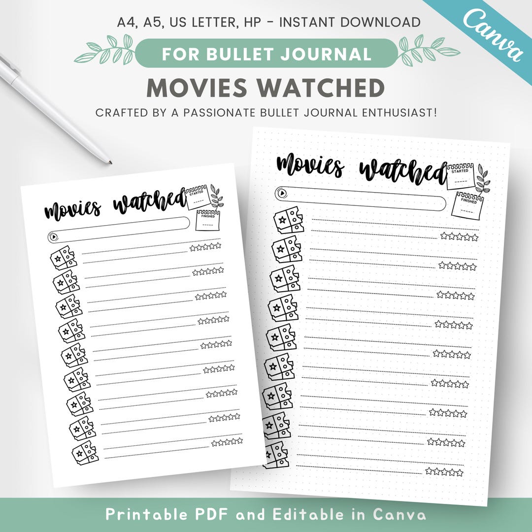 Printable Movie Tracker, List of Movies Watched, Printable Journal Page ...