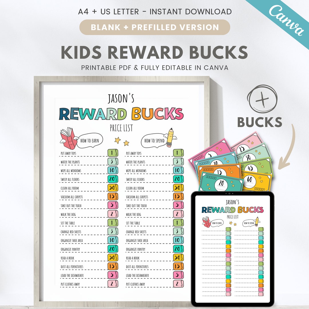 Editable Kids Reward Bucks, Mom Bucks, Kids Chore Chart, Pretend Money ...