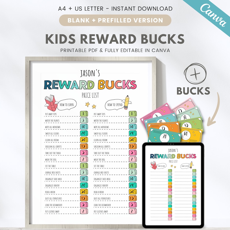 Editable Kids Reward Bucks, Mom Bucks, Kids Chore Chart, Pretend Money ...