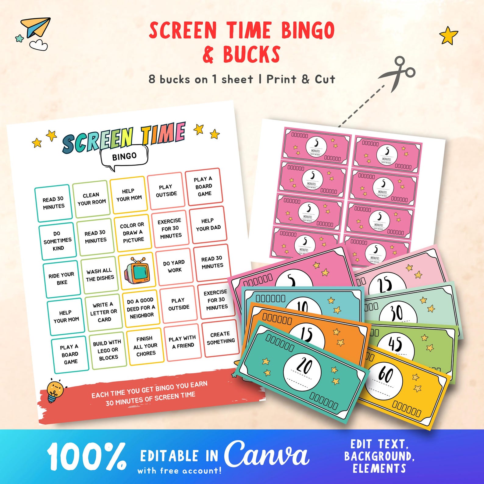 Editable Screen Time Chart With Reward Bucks, Printable Kids Screen ...