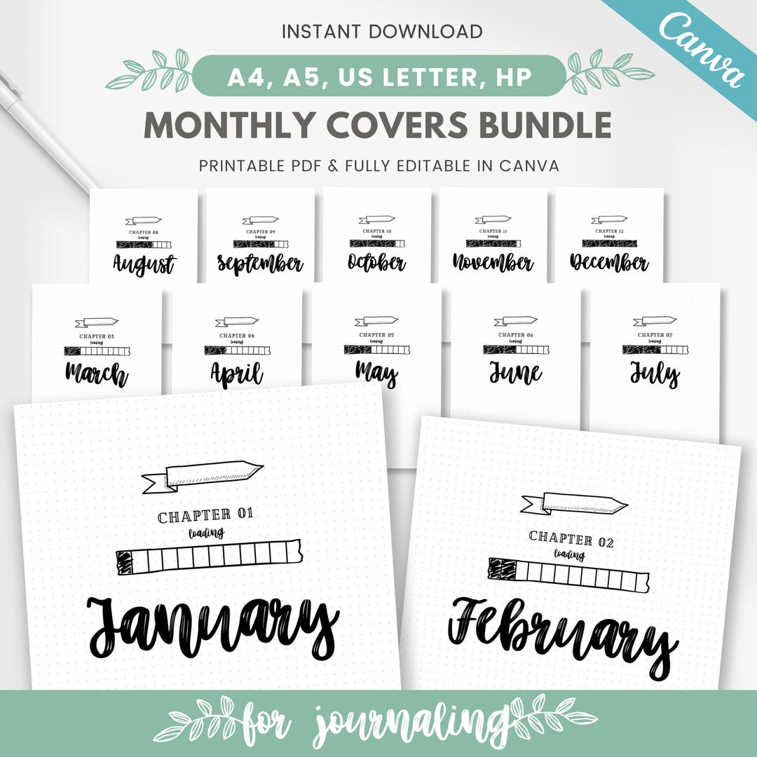 12 Monthly Cover Pages, Premade Bullet Style Journal Month Title Pages ...