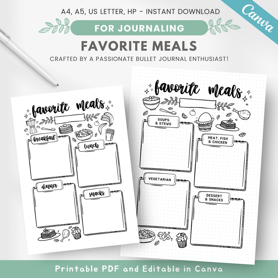 Favorite Meal Ideas, PRINTABLE & EDITABLE Food Journal Page, Fave Food ...