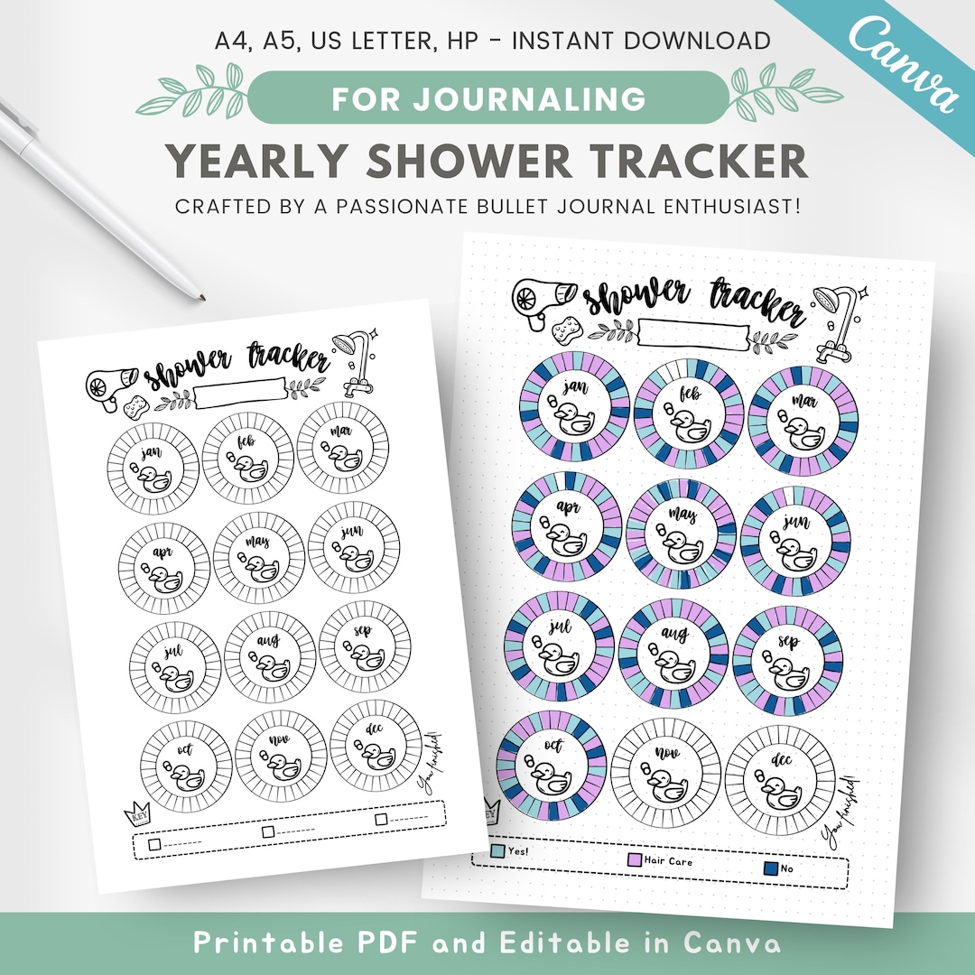 Yearly Shower Tracker, Daily Hygiene Tracker, Printable Planner Page ...