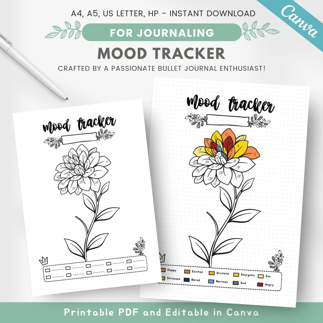 Flower Mood Tracker, Printable Mood Journal Page, Rose Mood Tracker ...