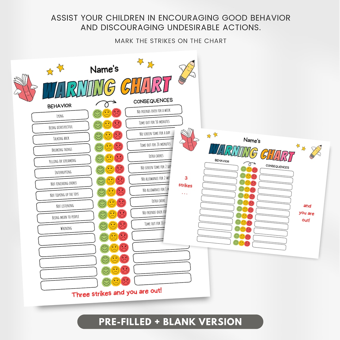 Editable Behavior Chart for Kids, 3 Strikes Warning Chart, Child ...