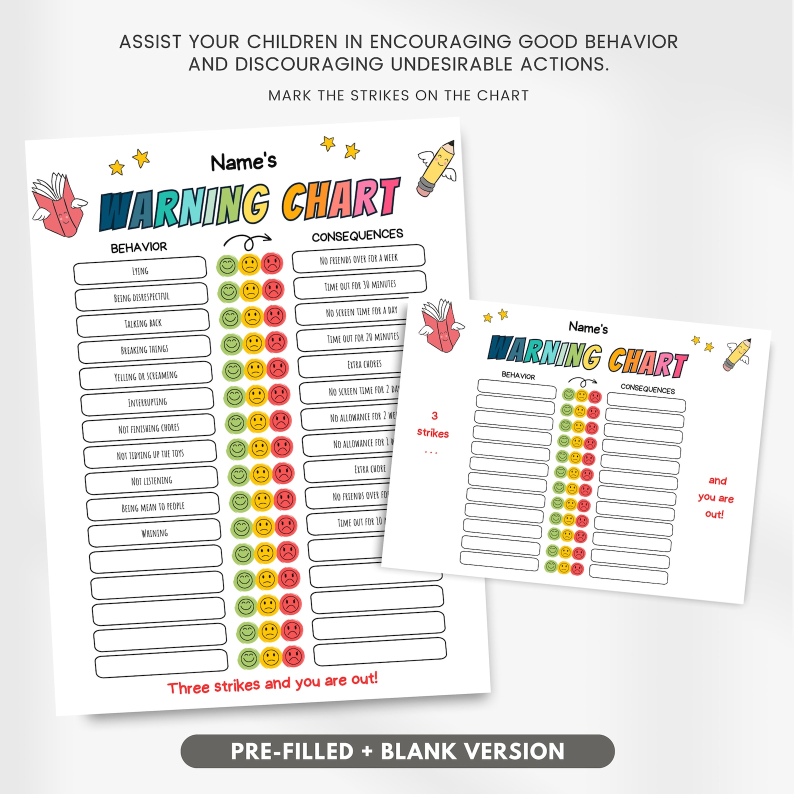 Editable Behavior Chart for Kids, 3 Strikes Warning Chart, Child ...