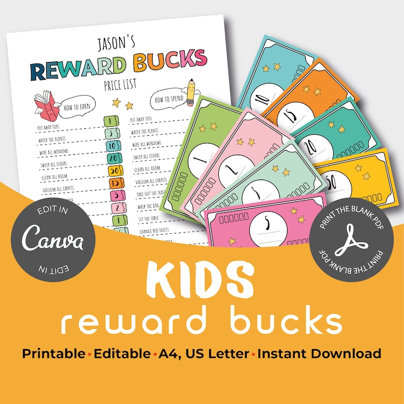 Editable Kids Reward Bucks Mom Bucks Kids Chore Chart - Etsy