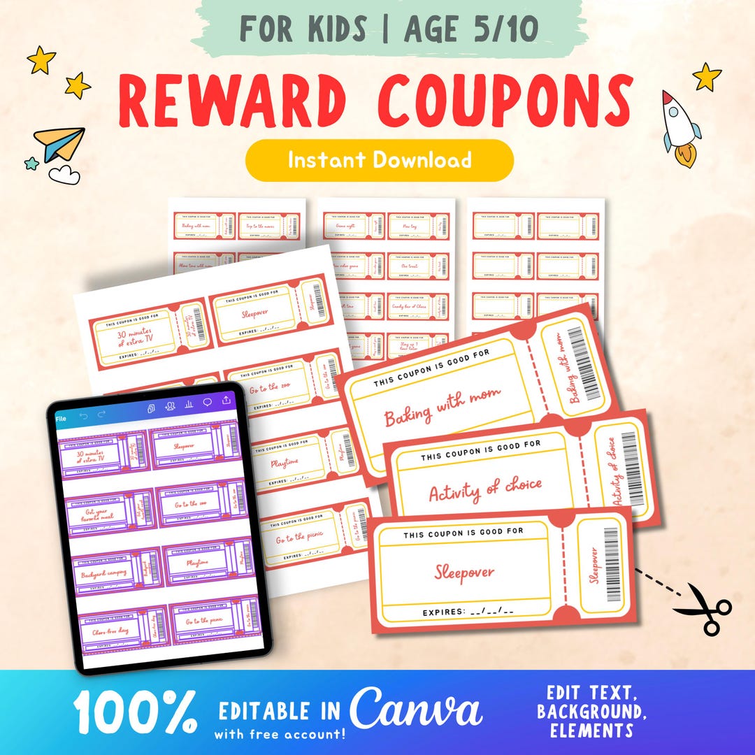 Reward Coupons for Kids, PRINTABLE & EDITABLE Reward Bucks, Toddler ...