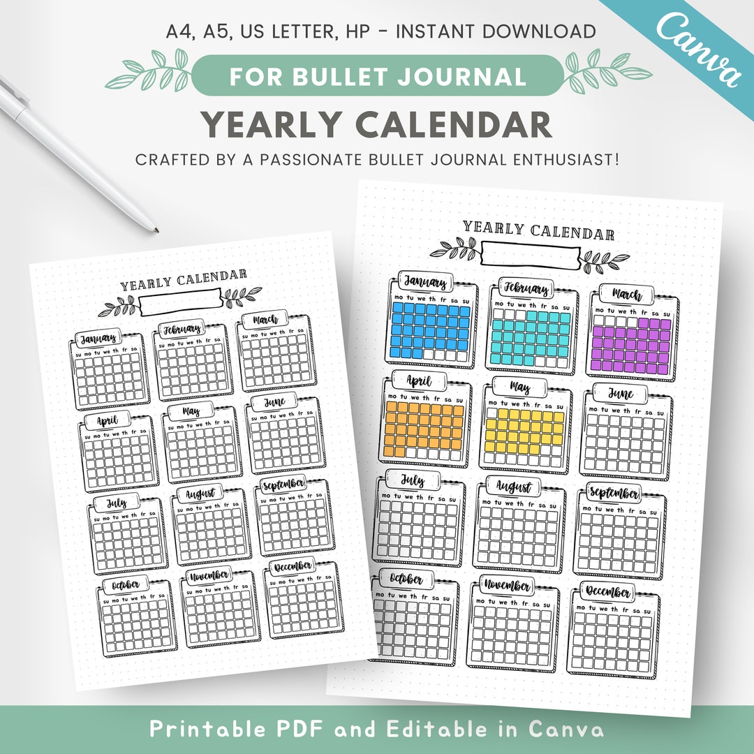 Printable Undated Blank Yearly Calendar, Year at a Glance Planner ...