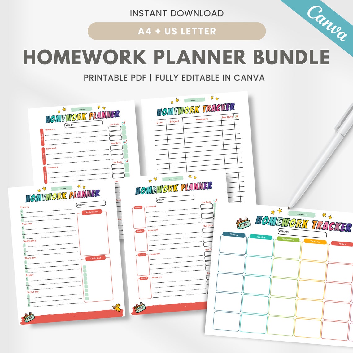 Printable Homework Tracker Bundle, Kids Homework Checklist, Weekly ...