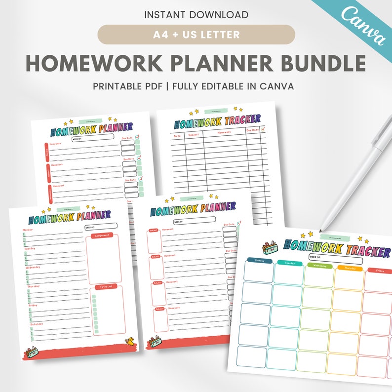 Printable Homework Tracker Bundle, Kids Homework Checklist, Weekly ...