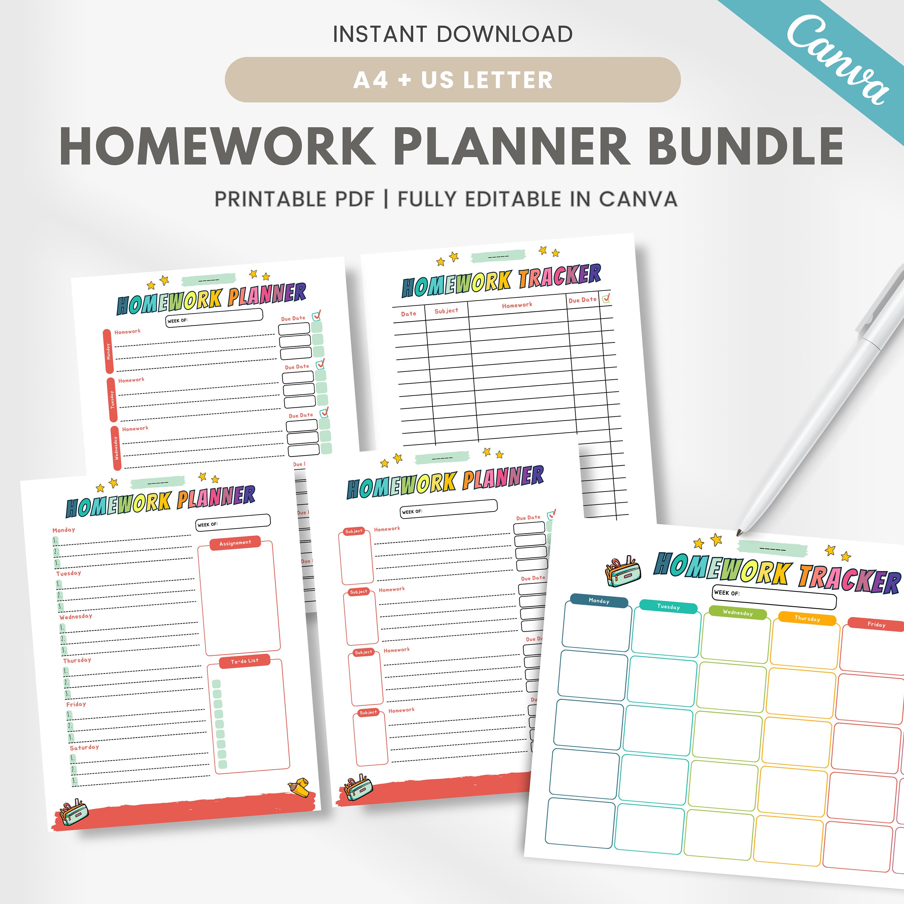 Printable Homework Tracker Bundle, Kids Homework Checklist, Weekly ...