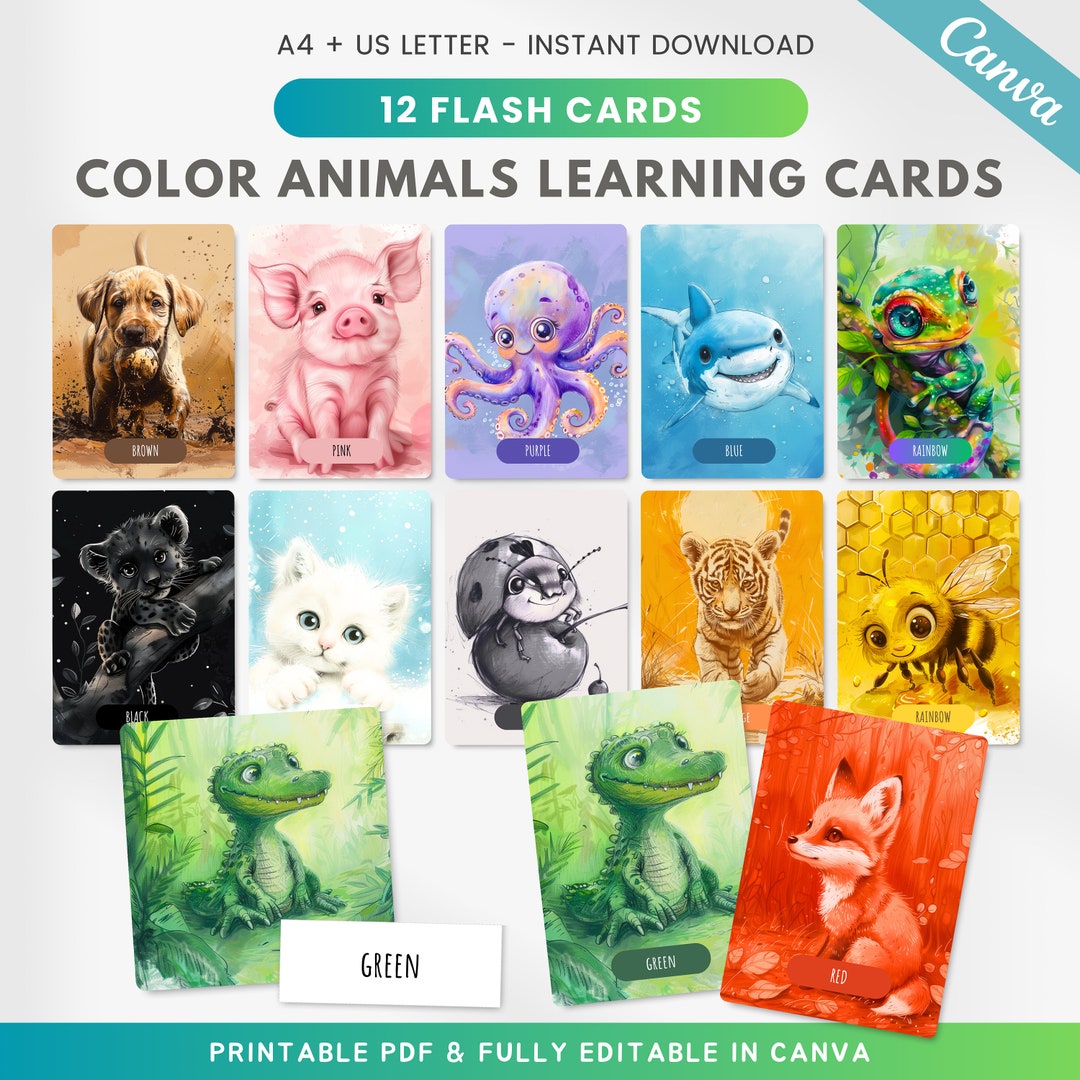 12 Colors Learning Cards With Animals, Editable Montessori Flashcard ...