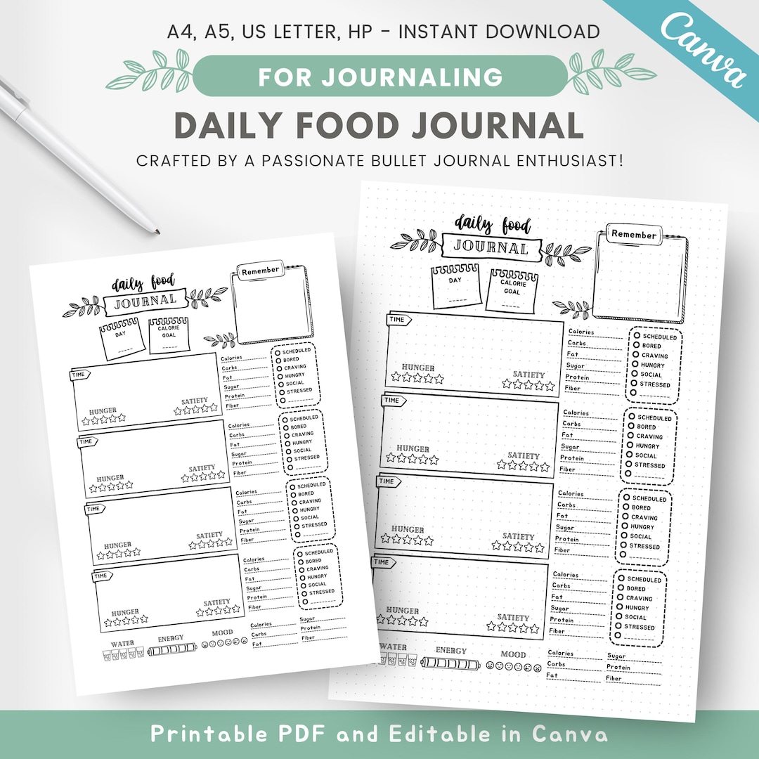 Daily Food Journal, Calorie Tracker Journal Page, Daily Calorie Counter ...