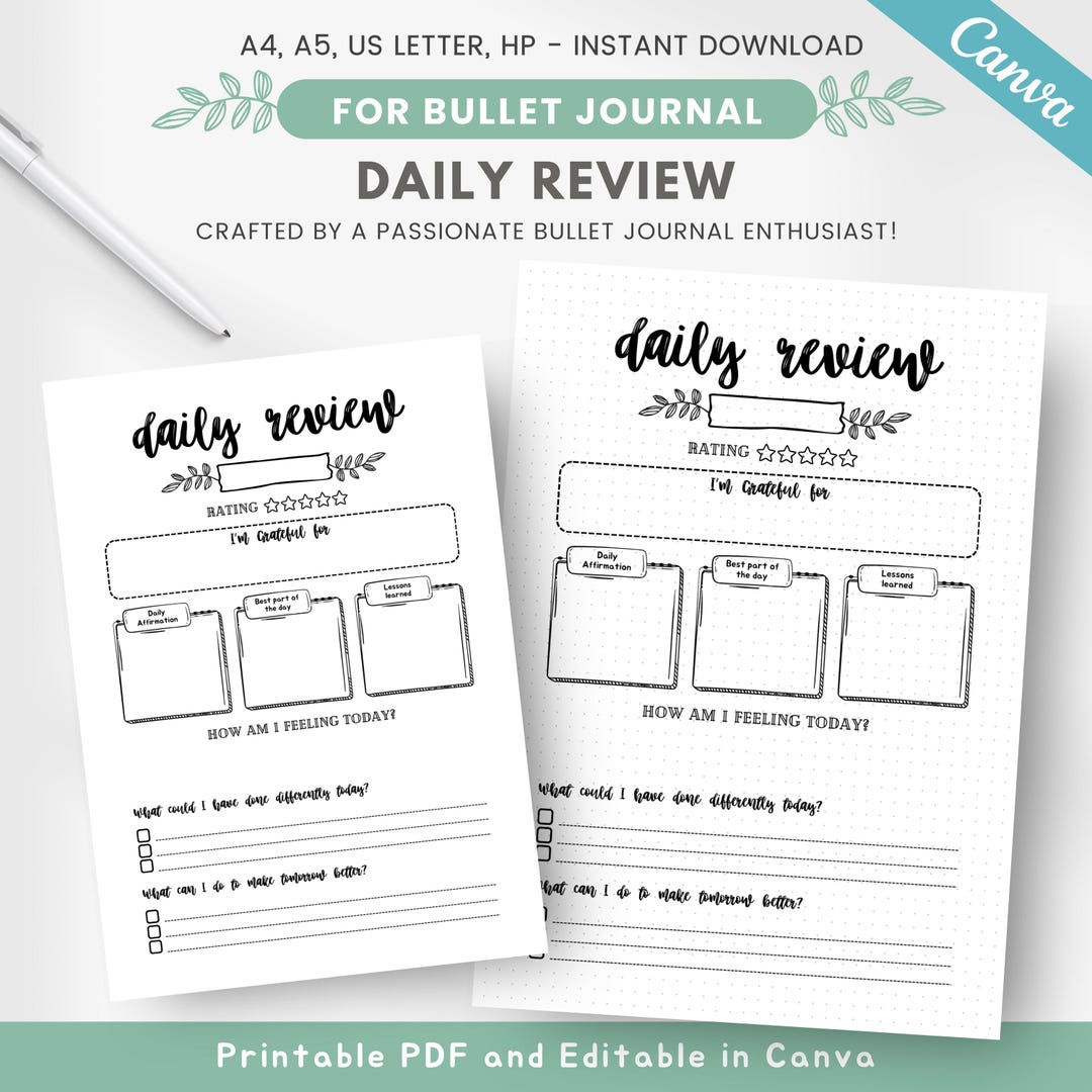 Daily Reflection Journal Page, Daily Review Planner Insert, Daily ...