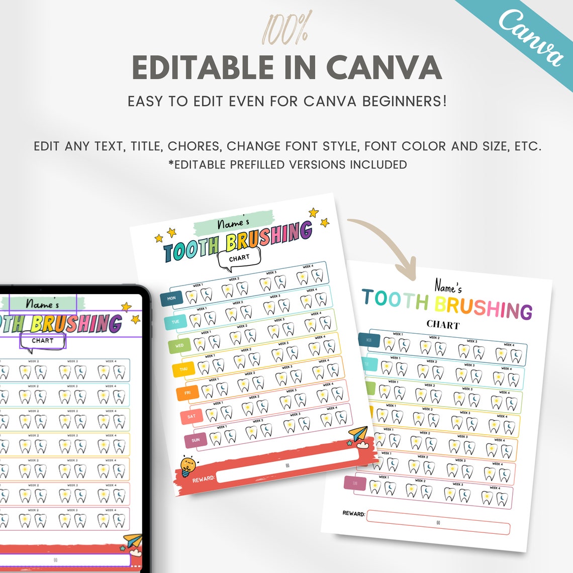 Editable Tooth Brushing Chart, Toddler Teeth Brushing Reminder, Clean ...